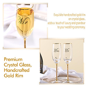DUJUST Crystal Glass Wedding Champagne Flutes, Mr & Mrs Champagne Glasses with Handcrafted Gold Rim & 24K Gold Leaf Flakes, Square Bride and Groom Champagne Flutes, Valentine's Day Gift, Gift Package