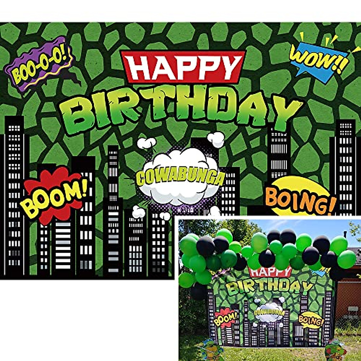 BINQOO 7×5ft Cartoon Birthday Backdrop Green American Comics Cityscape Buildings Photography Background Tortoise Boy Newborn Baby Shower Kids Decoration Birthday Party Photo Booth Prop
