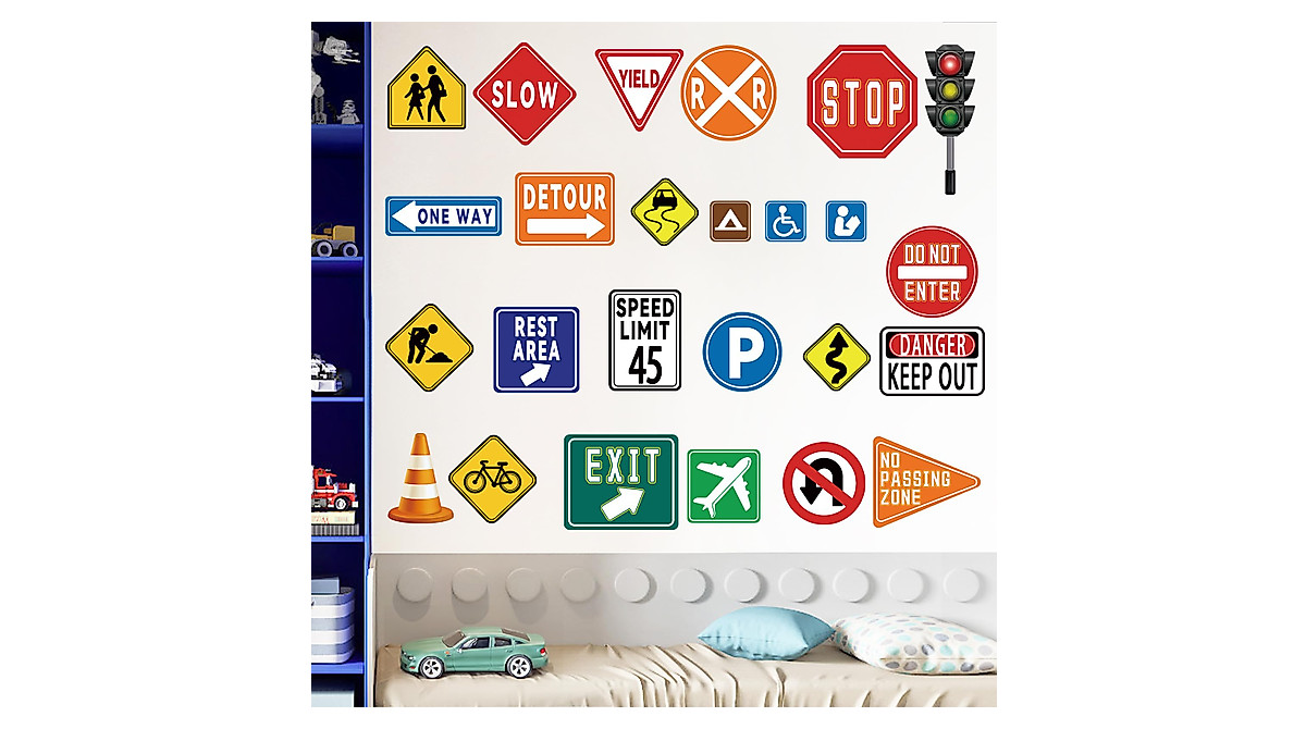 Wondever 25 Traffic Road Signs Wall Stickers for Kids & Classroom