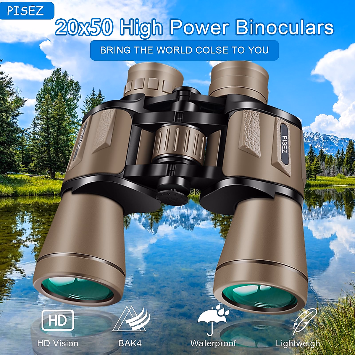 PISEZ 20X50 Binoculars for Adults High Powered with Low Light Vision，Large View Waterproof Binoculars for Bird Watching Hunting Concert Traveling Theater Opera Sightseeing