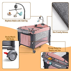 Jaoul Baby Bassinet Bedside Sleeper Baby Crib, Pack and Play with Bassinet and Changing Table, Pink Portable Travel Baby Playpen with Bassinet Toys & Music Box, Mattress for Girl Boy Infant Newborn