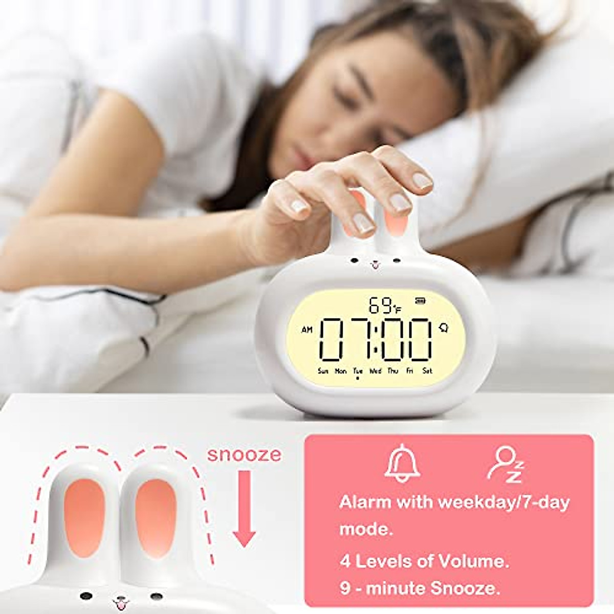 Rabbit Digital Alarm Clock with Day of Week Display, Cute Design Bunny Look, Easy Setting, Snooze, Night Light, Thermometer, Rechargeable, Kawaii Decor for Bedroom, Bedside, Adult, Kid, Gift, White