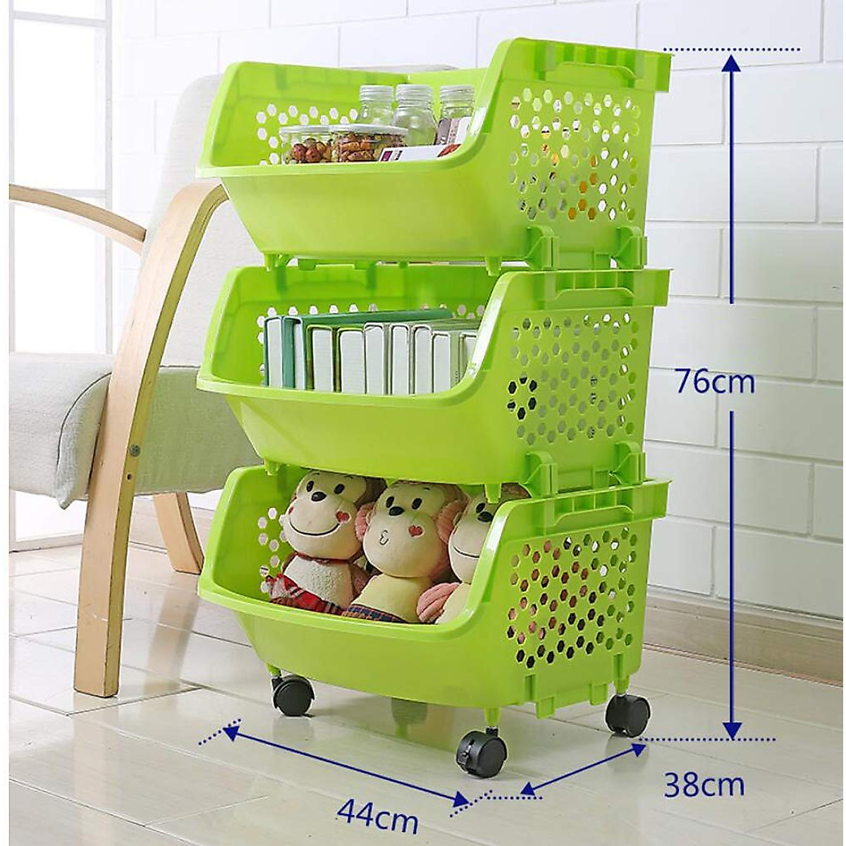HWJX 3-Tier Plastic Storage Rack Box Stand Stacking Stackable Basket Storage Organize,White/Green (Green)
