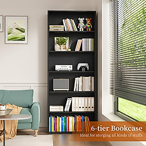 Vongrasig 6-Tier Open Bookcase and Bookshelf, Floor Standing Wood Display Storage Shelves 71 Inch Tall Bookcase Home Decor Furniture for Home Office, Living Room, Bed Room, Black