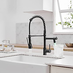 BESy 20 Inch Black Kitchen Faucet with Pull Down Sprayer, Dual Morden Commercial Rv Single Handle Single Hole Double Spout LED Spring Kitchen Sink Faucet with Pot Filler, Matte Black, Brass
