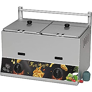 Commercial Gas Deep Fat Fryer Twin Tank, 22L Tabletop Stainless Steel Chip Fryer with Lid, Manual Adjustment Temperature, for Catering Takeaway Restaurant Café Coffee Shop
