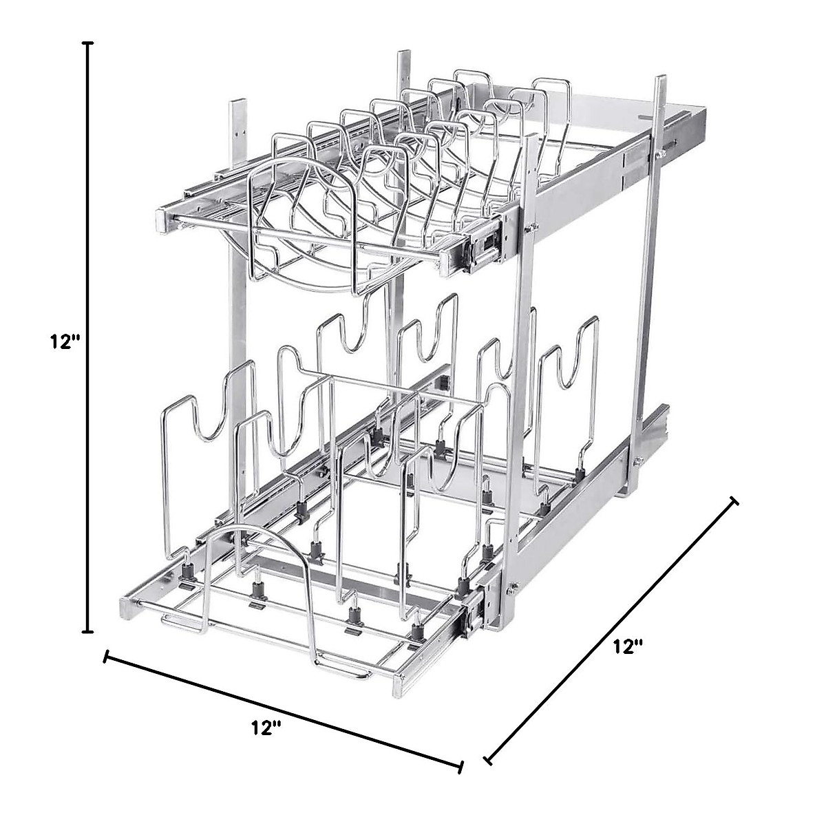 Mecete Pull Out Cabinet Base Organizer Pull-Out 2-Tier Base Cabinet Cookware Organizer (12 Inches) for Pots, Pans, and Lid Cookware, Chrome