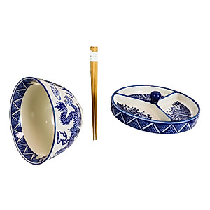 Ebros Japanese Dining Tempura Udon Noodles And Tentsuyu Dipping Sauce Large 6"D Bowl With Condiment Divider Lid And Bamboo Chopsticks And Built In Rest Set (Blue White Oriental Feng Shui Dragon King)