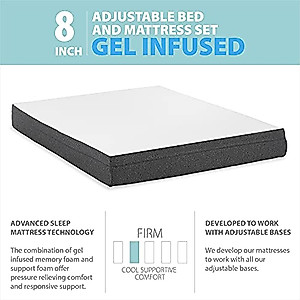 Blissful Nights e1 Adjustable Bed Frame with 8" Firm Gel Infused Memory Foam Mattress, Head Only Incline and Wired Remote No Tools Required Assembly (Split King)