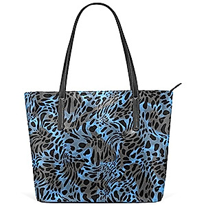 MNSRUU Tote Bag for Women Leopard Spots In Blue Shoulder Bag Big Capacity PU Leather Handbag
