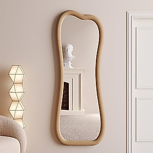 BOJOY Full Length Mirror, 63" x 24" Wall Mirror, Flannel Wrapped Wooden Frame Floor Mirror, Irregular Wavy Mirror Hanging or Leaning Against Wall for Cloakroom/Bedroom/Living Room, Milk Tea