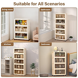 wookon 213Quart Storage Bins with Wheels-Magnetic Plastic Storage Bins,4 Tiers Storage Bins,Beige Closet Organizers and Storage,Dual Open Collapsible Storage Bins for Home and Office Storage