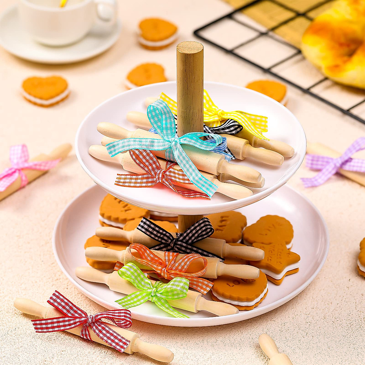 20 Pcs 5 Inch Wooden Mini Rolling Pin for Kids Child Small Rolling Pin Wooden Dough Roller with Plaid Ribbon for Kitchen Tools Children Fondant Pastry Pizza Cookie Crafting and Imaginative Play