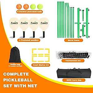 Fostoy Pickleball Net Set with Wheels, 22 FT Regulation Size, 4 Paddles & 6 Pickleballs, Carrying Bag, Steady Metal Frame and 18-ply PE Net for All Weather Conditions Outdoor Indoor (Green)
