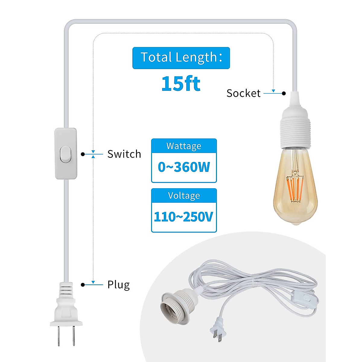 HUIBONA Plug in Hanging Light Cord,E26/E27 Extension Hanging Plug in Light Sockt, 2-Pack 15FT Pendant Light Socket Kits White for Kitchen Bedroom Farmhous.