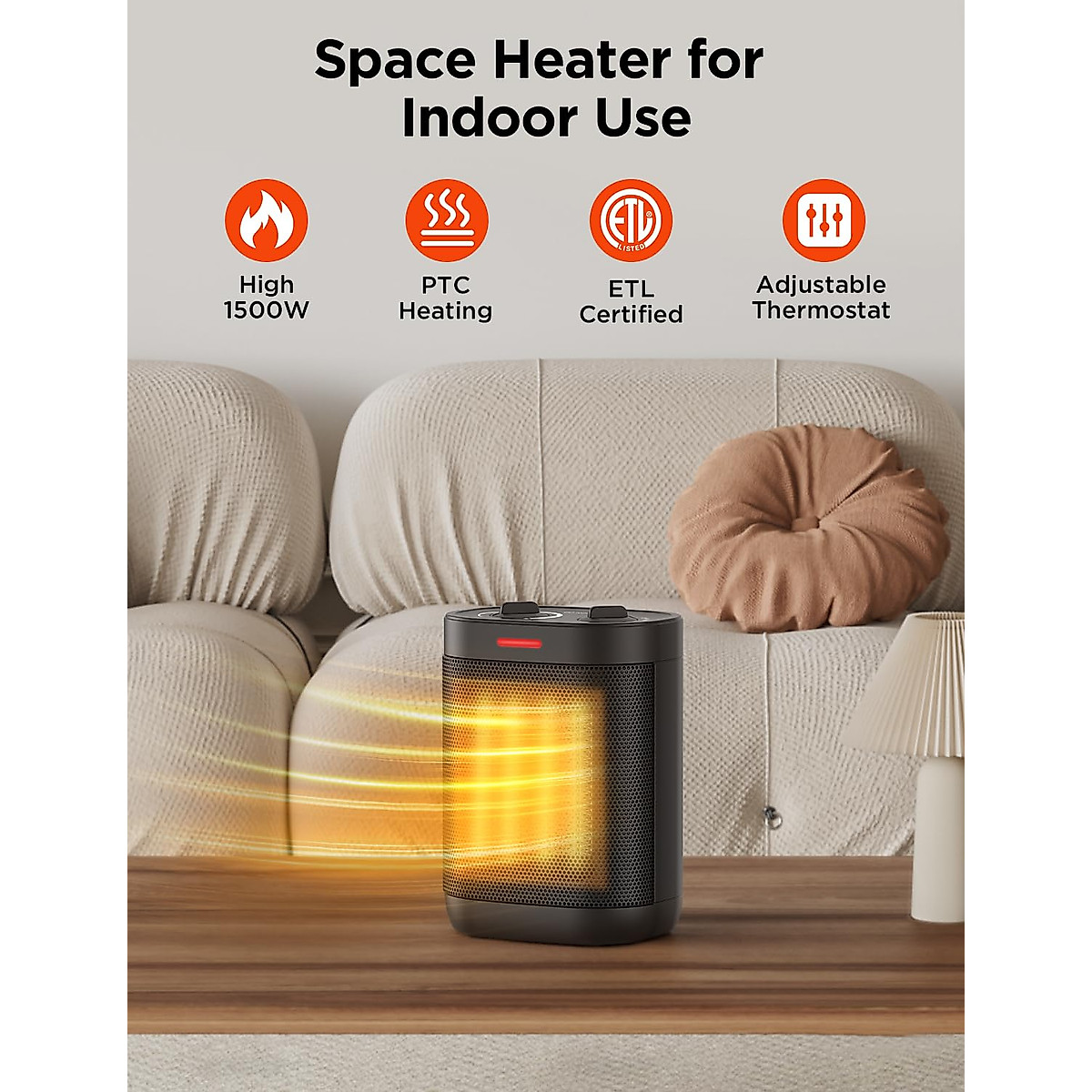 1500W Small Space Heater, Electric Heaters for Indoor Use, PTC Ceramic Space Heater with Adjustable Thermostat, Portable Space Heater for Bedroom and Office Desk Use, 3 Modes, Safety Quiet Heating