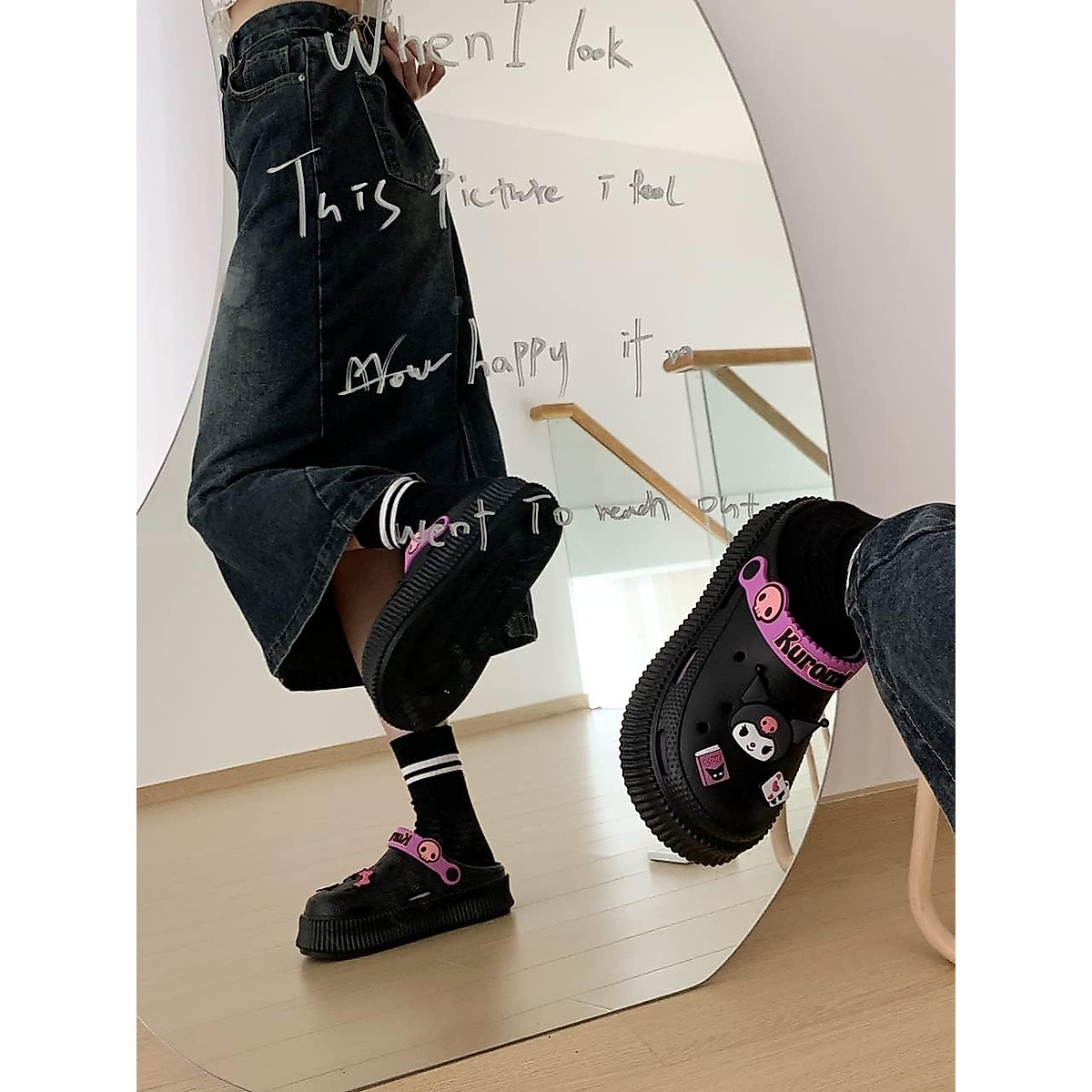 Kawaii Shoes Kuromi Slippers for Women Cute Garden Clogs Cartoon Indoor Slipper Outdoor Cloud Slides Girls Sandals (Black,6,6.5)