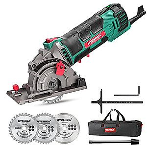 Mini Circular Saw, HYCHIKA Compact Circular Saw Tile Saw with 3 Saw Blades 4A Pure Copper Motor, 3-3/8”4500RPM Ideal for Wood, Soft Metal, Tile and Plastic Cuts, Laser Guide, Scale Ruler