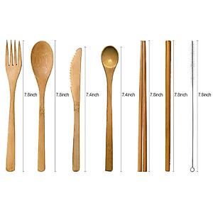 Bamboo Utensils, Eco Friendly Flatware Set, Bamboo Cutlery Set, Bamboo Travel Utensils, Camping Utensils Set, Portable Utensils Set, Knife, Fork, Spoon, Reusable Straws Chopsticks, 7 Pieces,7.9 inch