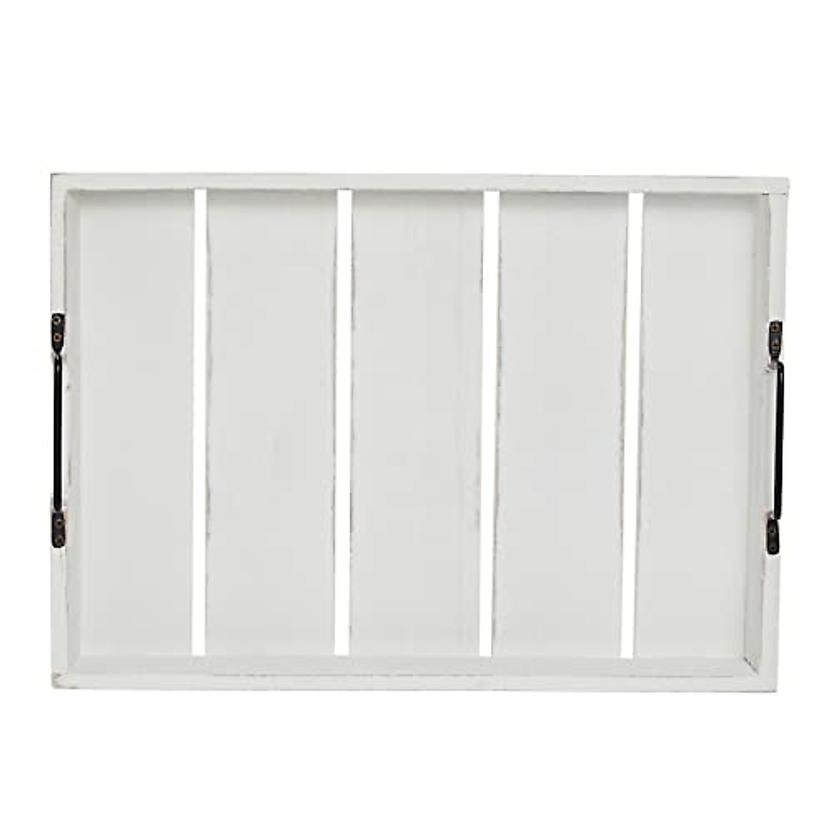 Rustic Wooden Serving Tray with Metal Handles for Coffee Table, Farmhouse Home Decor (White, 16.3 x 11.6 x 3.25 in)