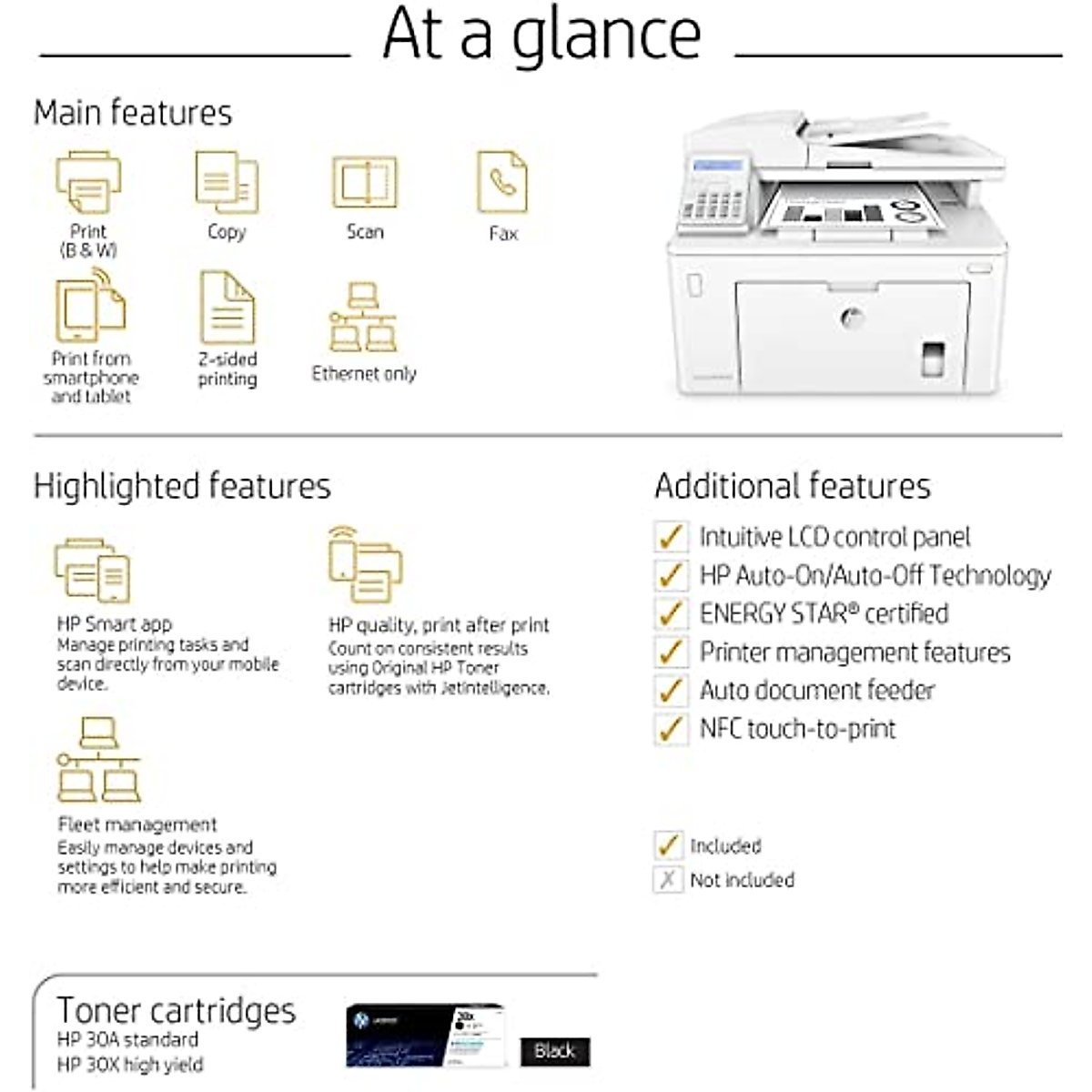 HP Laserjet Pro MFP M227fdn All-in-One NFC Ethernet Monochrome Laser Printer, White - Print Scan Copy Fax - 30 ppm, 1200 x 1200 dpi, 8.5 x 14, 35-Sheet ADF, Auto 2-Sided Printing, Cbmou Printer Cable