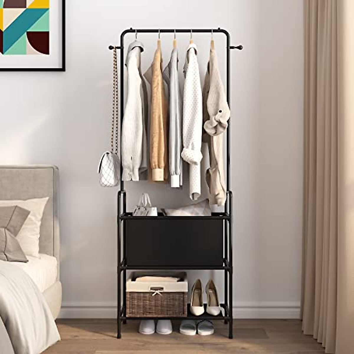 UDEAR Clothes Rack,Standard Garment Rack with Large Storage Bag,2 Non-woven Fabric Storage Shelves and 2 Hooks,Black
