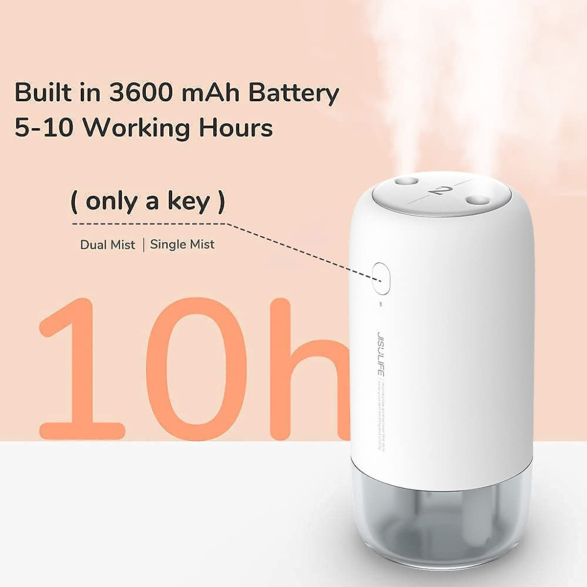 JISULIFE Small Humidifier, 500ml Portable Travel Humidifier, 3600mAh Battery Operated Humidifier for Car Desk Home Office, Auto Shut-Off, Dual Mist Ports, Whisper Quiet - White