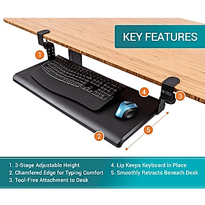 Stand Up Desk Store Large Clamp-On Retractable Adjustable Height Under Desk Keyboard Tray | for Desks Up to 1.5" (Large, 33" Wide)