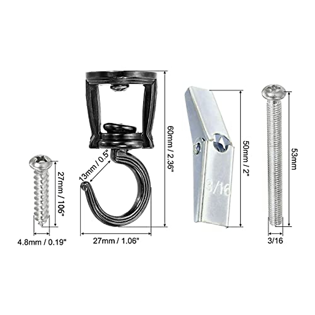 PATIKIL 2.4" x 1" Ceiling Hook, Orchid Swag Hooks with Mounting Hardware for Indoor and Outdoor Plant Hanging, Black