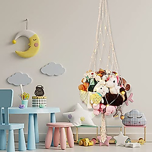 Stuffed Animal Hammock with LED Light Macrame Net for Stuffed Animals Corner Hanging Stuffed Animal Net Toy Hammock Stuffed Animals Storage for Kids Toy Storage