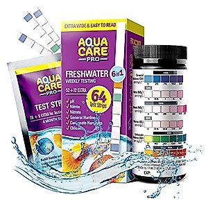 Freshwater Aquarium Test Strips 6 in 1 - Fish Tank Test Kit for Testing pH Nitrite Nitrate Chlorine General & Carbonate Hardness (GH & KH) - Easy to Read Wide Strips & Full Water Testing Guide - 64 Ct