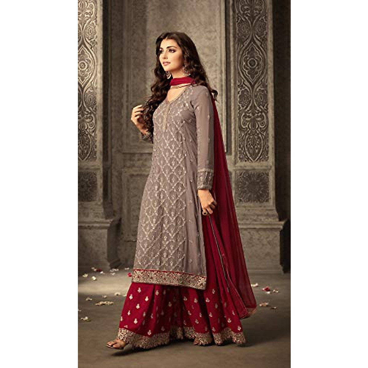 Indian Pakistani Dresses for Women Palazzo Style Embroidered Salwar Kameez Suit 47001 (Red, M-40)