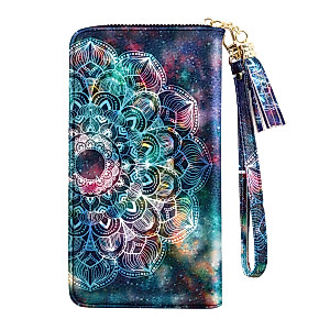 Coco Rossi Women Wallets Multi Card Case Wallet Clutch Wallet Card Holder Organizer Ladies Purse Floral Tassel Wrist strap Purse,Mandala Nebula
