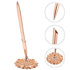NUOBESTY Pen Stand Pen Stand Signing Pens with Hollow Round Pen Holder, 2pcs Ballpoint Writing Pen Attached to Desk for Wedding Guests Book Party Favor Office Business Guest Book Pens Rose Gold Pens