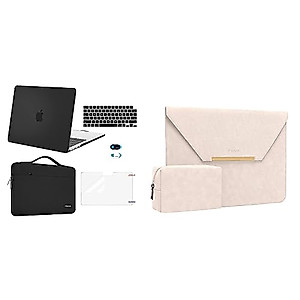 MOSISO Matte PU Leather Flap Laptop Sleeve&Compatible with MacBook Air 13.6 inch Case 2022 2023 A2681 M2, Hard Shell&Carrying Sleeve Bag&Keyboard Cover&Webcam Cover&Screen Protector, Black&Apricot