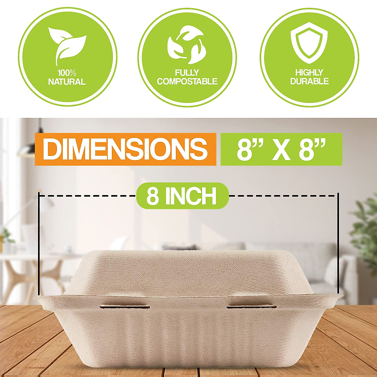 Raj Eco To Go Containers Compostable Clamshell Disposable, [8x8" 50-Pack] Take out Box With Hinged Lids, Meal-Prep, Eco Friendly, Biodegradable, food container made of sugar cane Bagasse BROWN