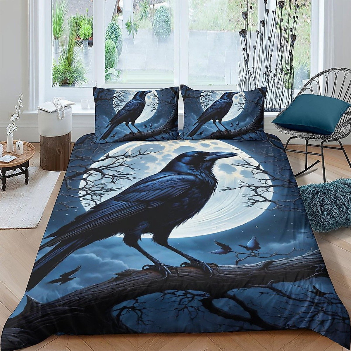 EVMILA Gothic Crow 3D Print Eerie Night for Boys Girls Quilt Cover Comforter Covers Duvet Cover Soft Microfiber with Zipper Closure with Pillow Cases Bedding Set 3 Pieces Twin（173x218cm）
