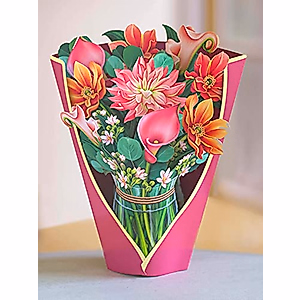 Freshcut Paper Pop Up Cards, Dear Dahlia, 12 inch Life Sized Forever Flower Bouquet 3D Popup Greeting Cards with Note Card and Envelope - Dahlia & Cala Lily Flowers