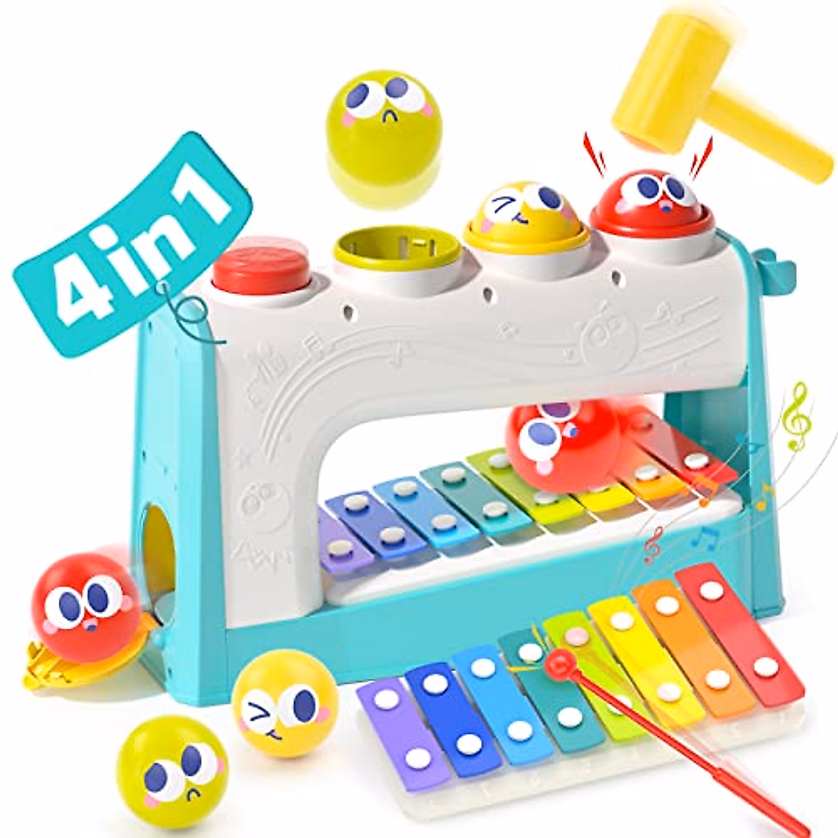 HOLA Toys for 1 Year Old Boy Gifts- 4 in1 Musical Pounding Toy with Xylophone, Baby Toys 12-18 Months, 1 Year Old Toys for Boys Toddler Toys Age 1-2 3, Montessori Toys for 1 Year Old Girl Gifts