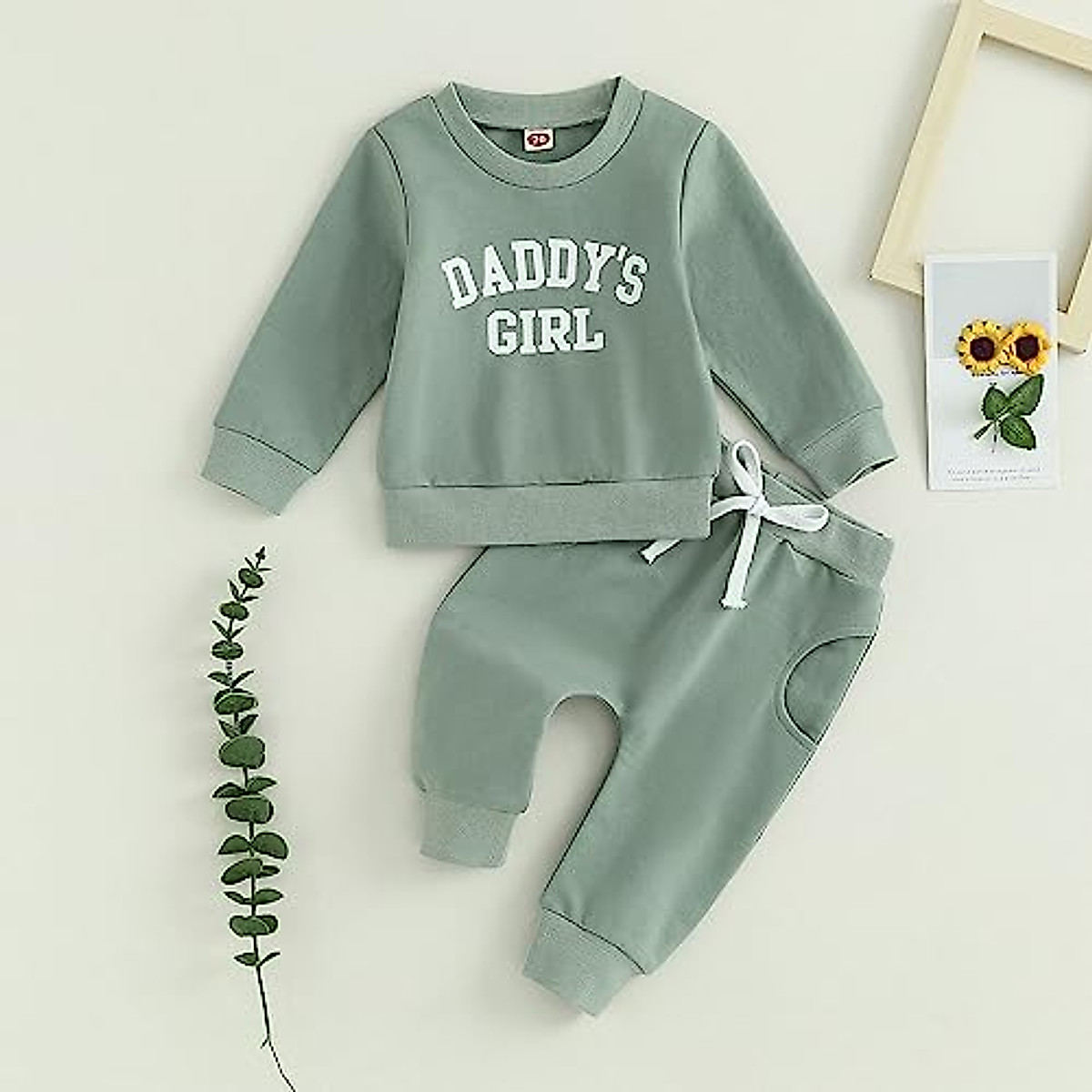 Sduydiosy Toddler Baby Girl Fall Outfit Letter Print Sweatshirt Top Elastic Waist Pant Cute Infant Newborn Winter Clothes Set (Daddys Girl Green, 18-24 Months)