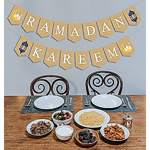 JKQ Ramadan Kareem Burlap Banner with Lantern Moon Castle Signs Muslim Ramadan Mubarak Bunting Banner Islamic Eid Mubarak Festival Celebration Party Hanging Decorations for Home Mantle Wall