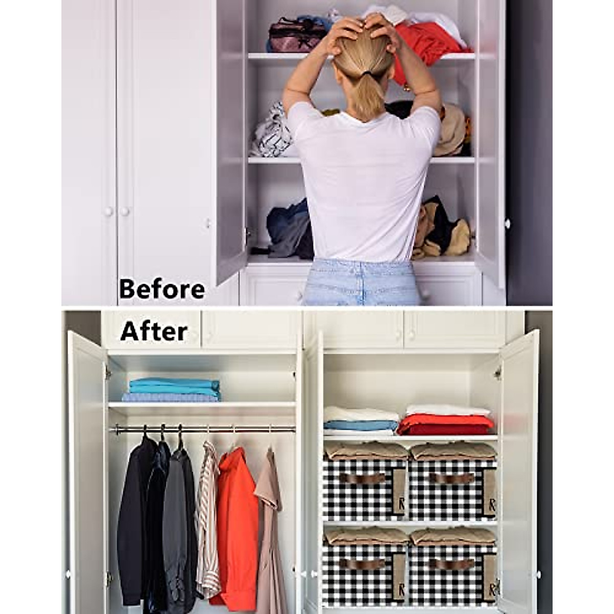 1 Pack Large Storage Baskets Bins Welcome Please Remove Your Shoes Collapsible Storage Box Laundry Organizer for Closet Shelf Nursery Kids Bedroom Rustic Black White Plaid