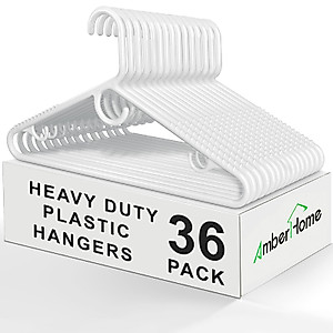 Amber Home 36 Pack Super Heavy Duty Plastic Hangers, White Plastic Hangers Non-Slip for Coat Jacket and Shirt, Non-Slip Pants Bar, Thick Strong Plastic Clothes Hangers with Hook for Scarves and Belts