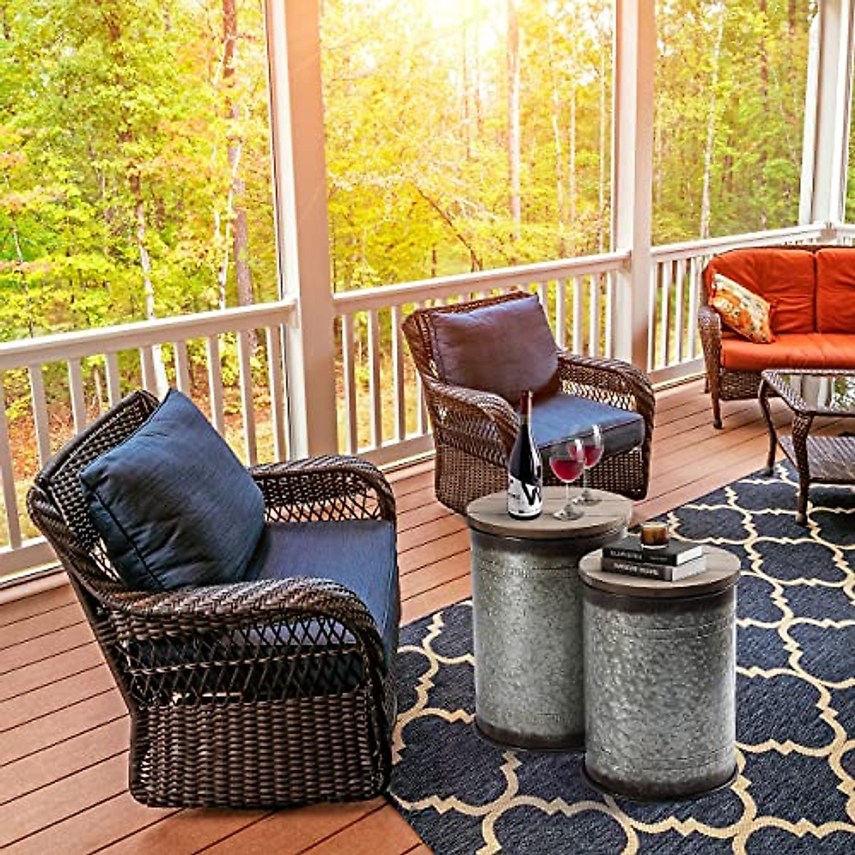 Rustic Storage Ottoman Seat Stool, Farmhouse Accent Side Table, Antique Galvanized Metal End Table Box Bin with Round Wooden Lid Set of 2 (Stand Galvanized)