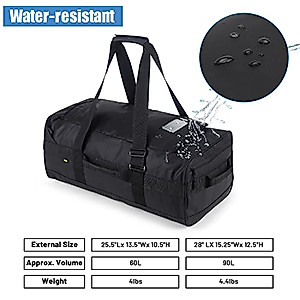 MIER 60L Water Resistant Backpack Duffle Heavy Duty Convertible Duffle Bag with Backpack Straps for Gym, Sports, Travel, Black