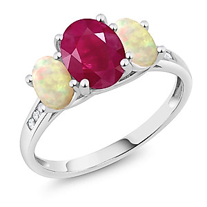 Gem Stone King 10K White Gold Red Ruby White Ethiopian Opal and White Diamond Oval 3-Stone Engagement Ring For Women (2.24 Cttw, Gemstone July Birthstone, Available In Size 5, 6, 7, 8, 9)