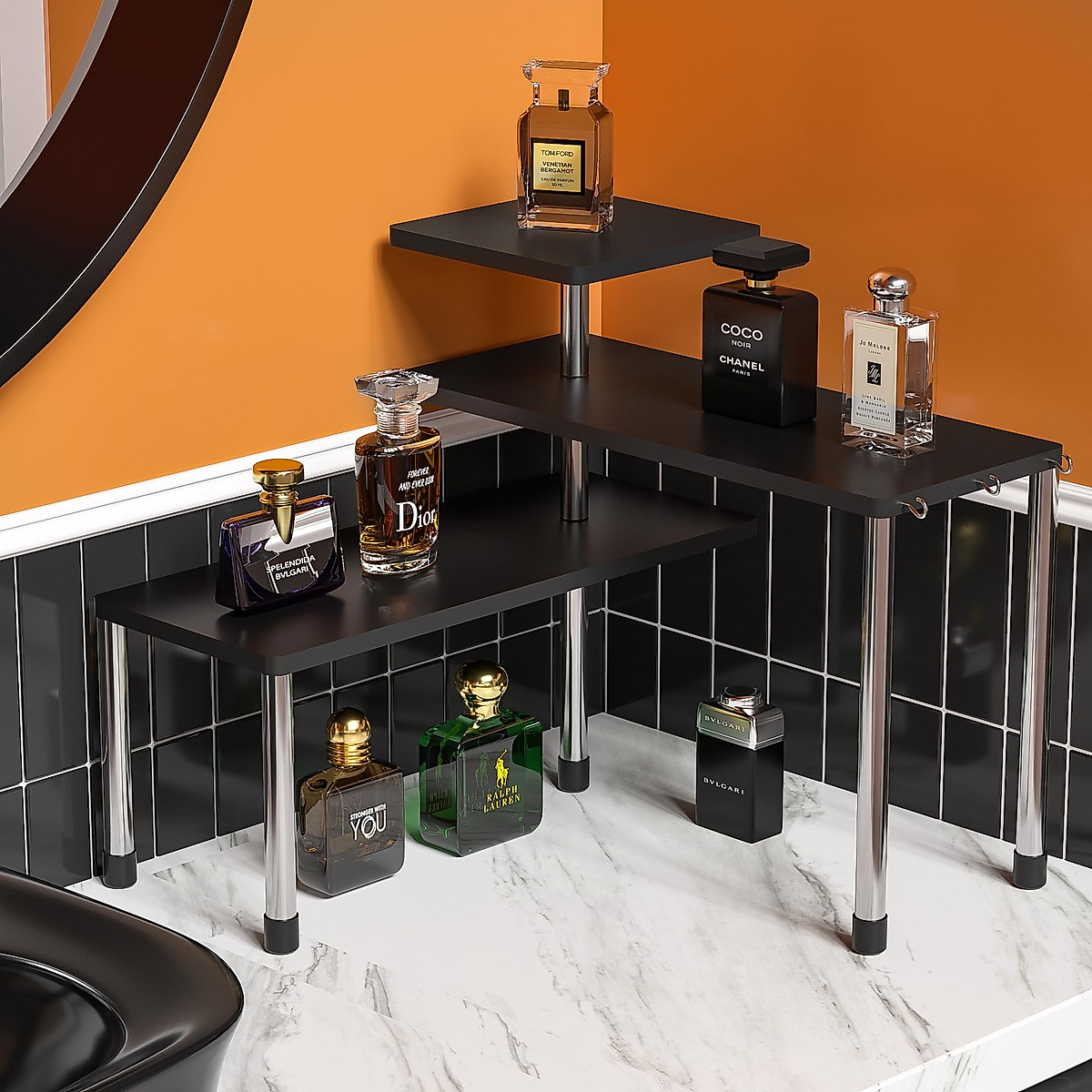 Hellojin Countertop Organizer, 3 Tier Moveable Corner Shelf for Kitchen Counter, Bathroom, Bamboo Spice Rack, Coffee Area, Sink Corner Counter Shelf, Dresser Table with Hooks (Black)