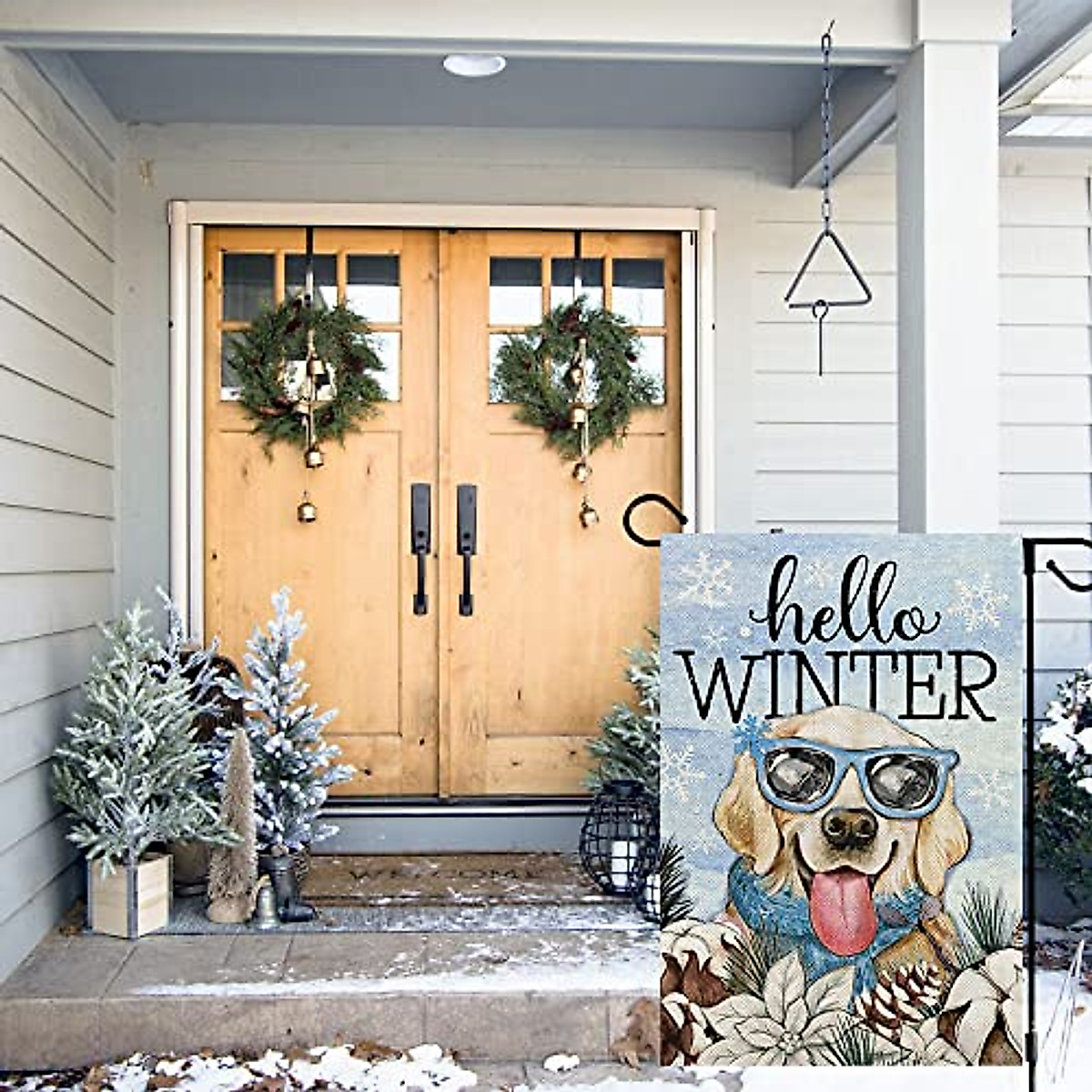 CROWNED BEAUTY Hello Winter Dog Golden Retriever Garden Flag 12x18 Inch Small Double Sided Yard Decorative Holiday Seasonal Outside Welcome Burlap Farmhouse Decoration