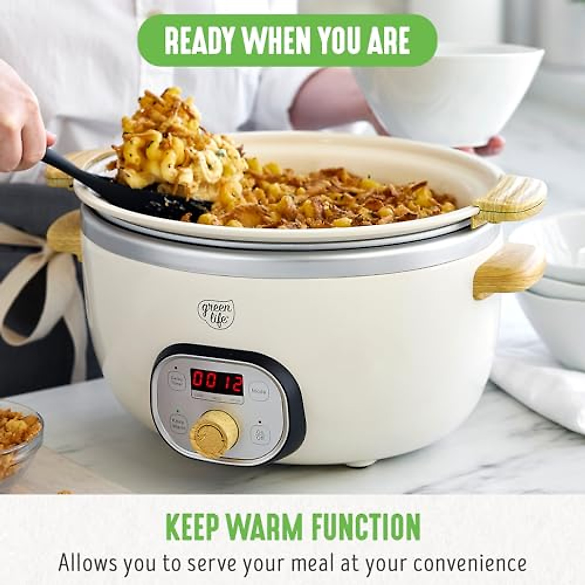 GreenLife 6 Quart Ceramic Slow Cooker, PFAS-Free, Programmable, Removable Healthy Nonstick Pot for Family Meals, Sear on Stovetop, Keep Warm, Digital Timer, Dishwasher Safe Glass Lid & Crock, Cream