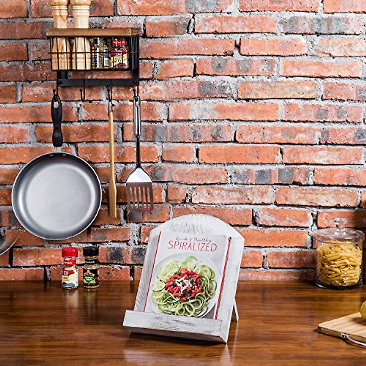 MyGift Shabby Whitewashed Wood Cookbook Holder Stand, Countertop Recipe Book Binder iPad Tablet Holder with Kickstand